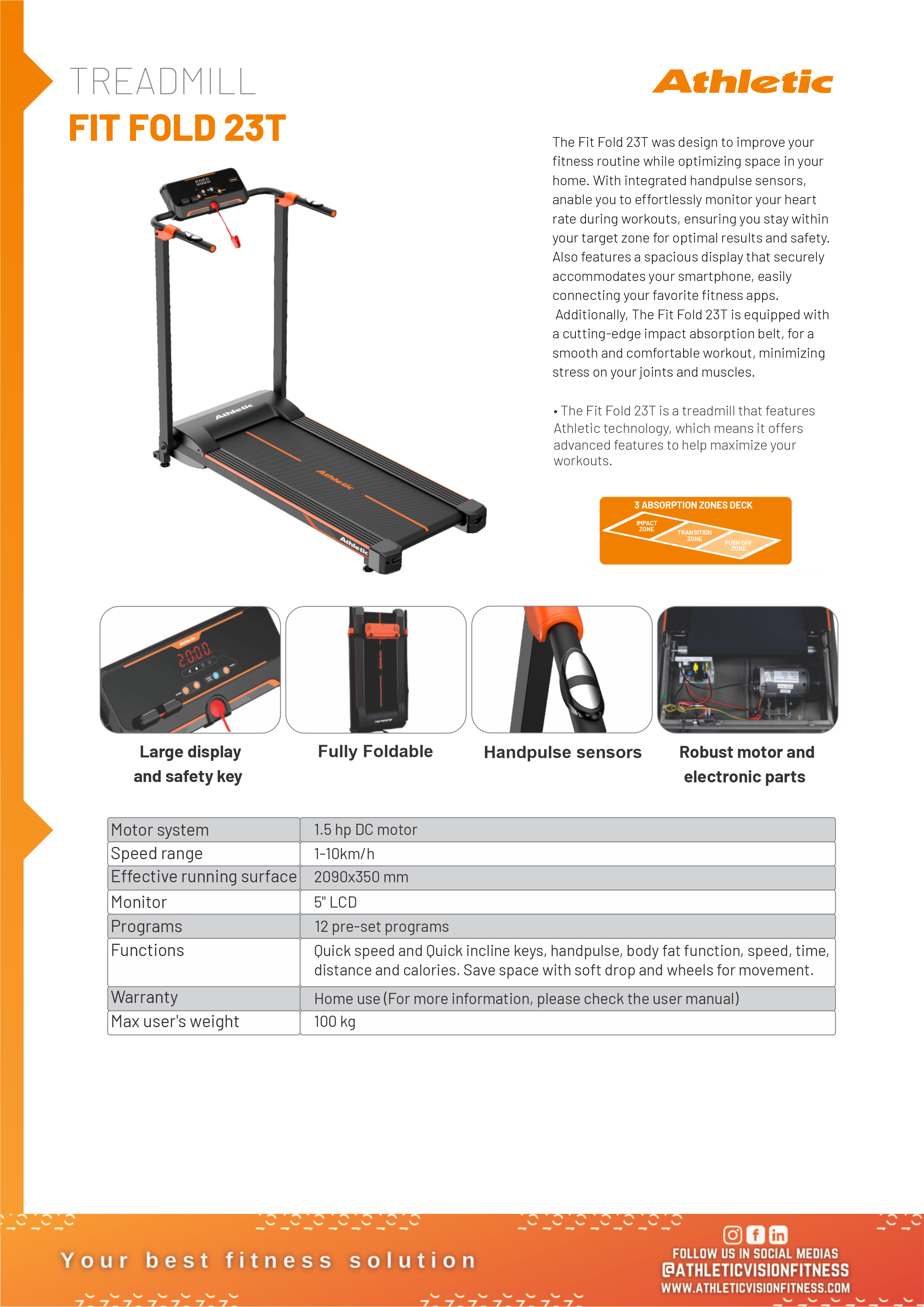 TREADMILL FIT FOLD - 23T - With Handpulse